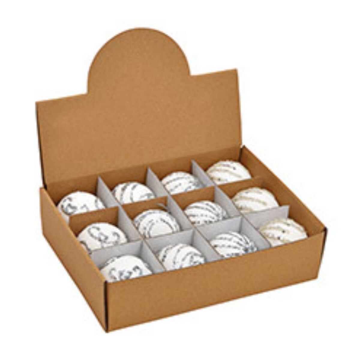 Set 12 globuri din sticla, albe cu sclipici, 4 modele, diametru 6 cm ...