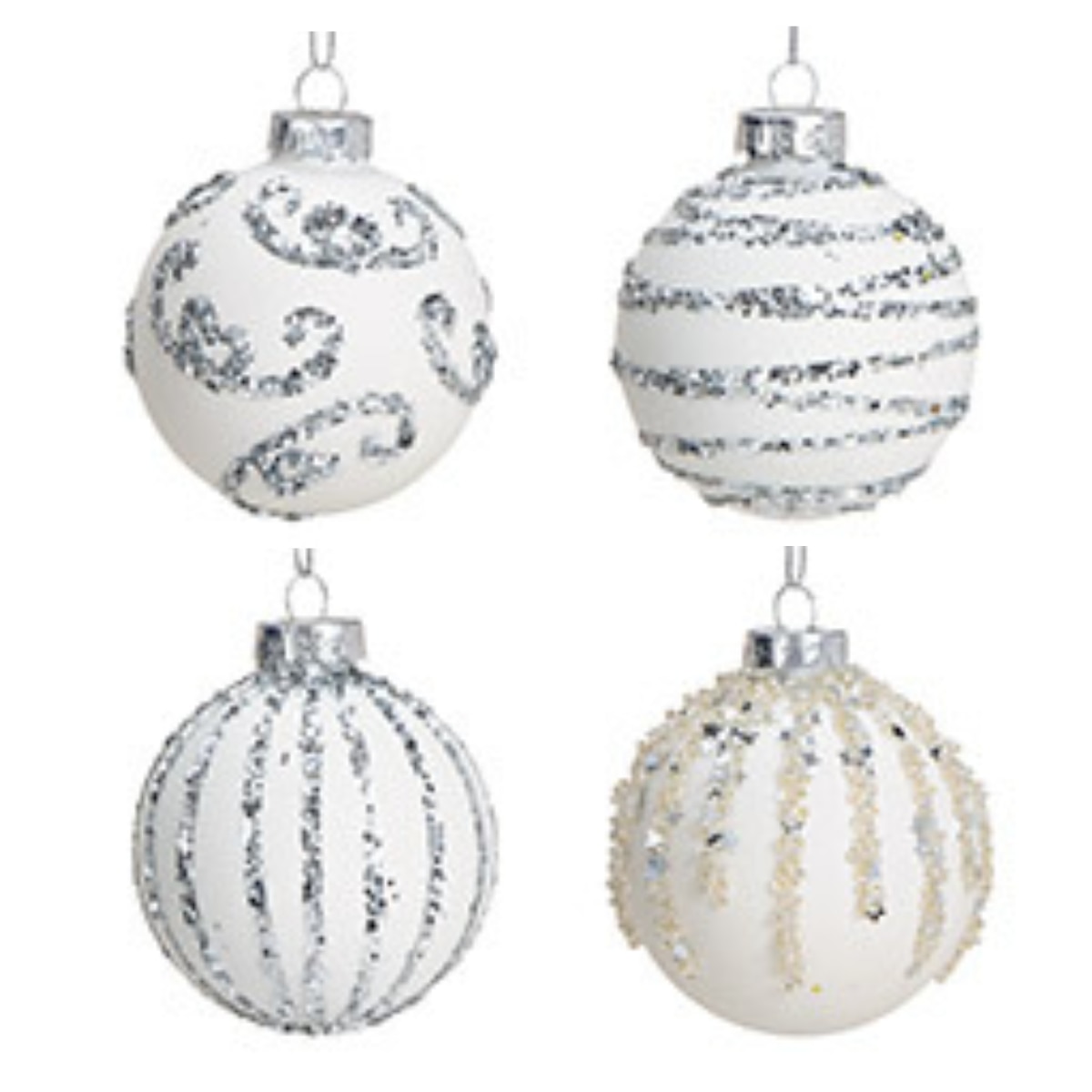 Set 12 globuri din sticla, albe cu sclipici, 4 modele, diametru 6 cm ...