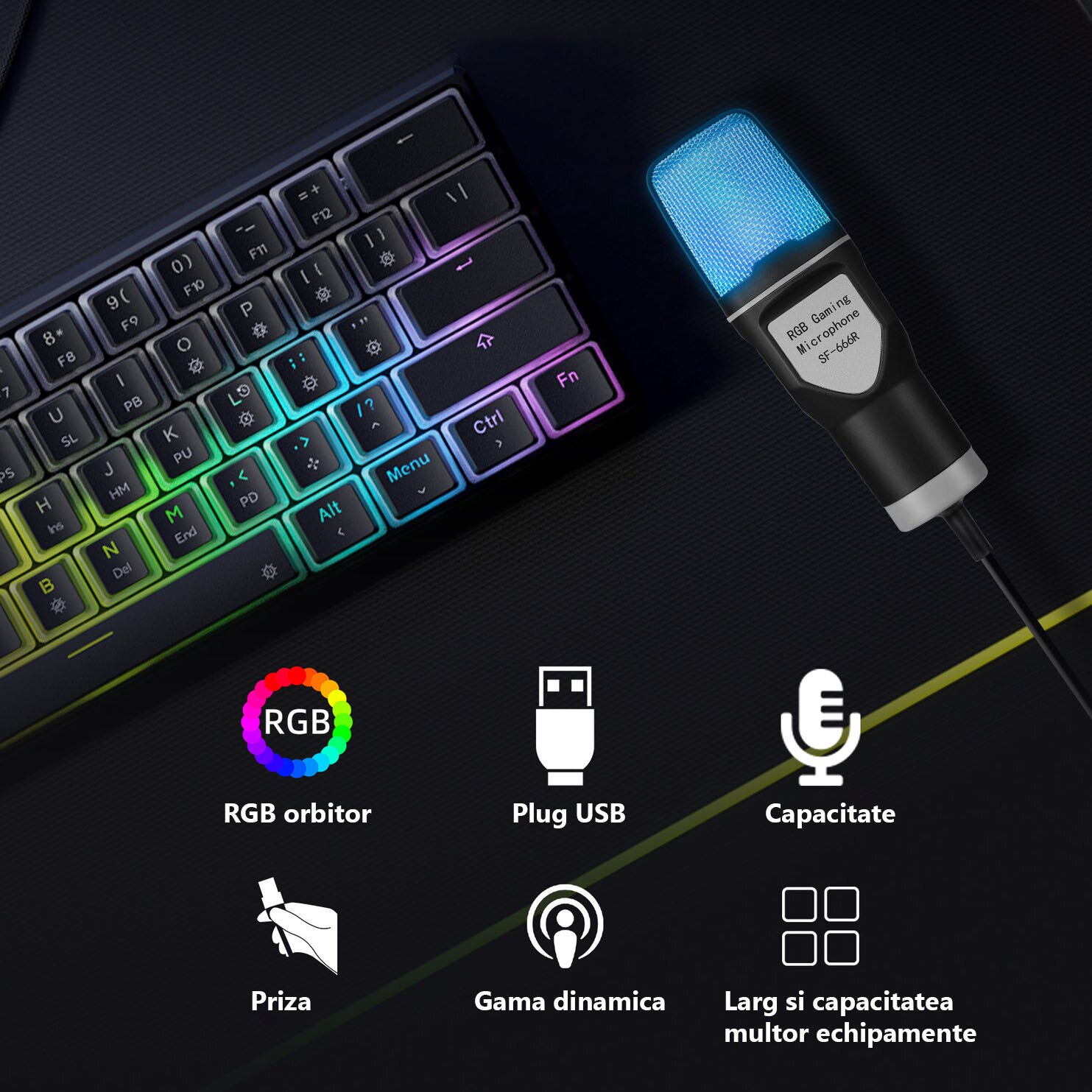 Microfon Gaming Omnidirectional, Sundiguer, Cu trepied de masa si ...