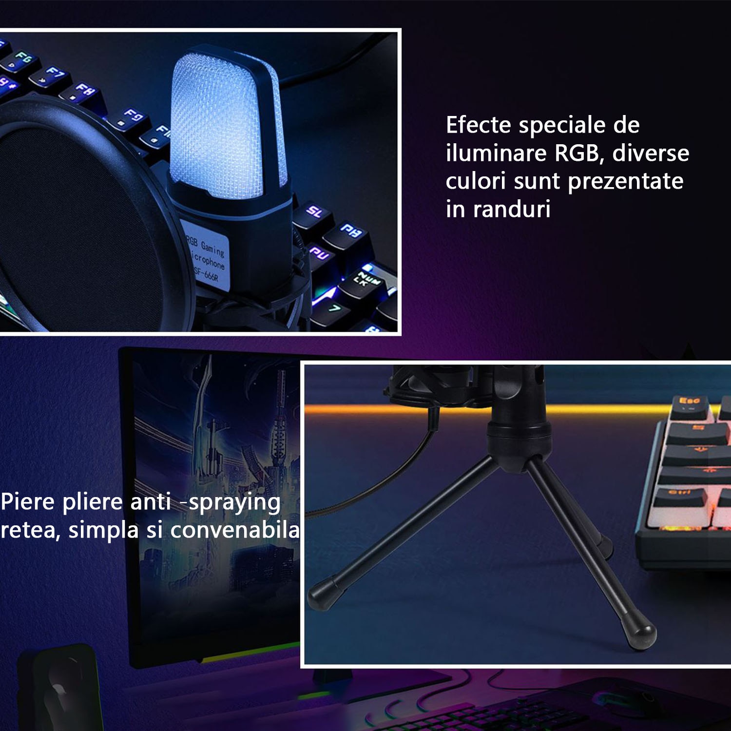 Microfon Gaming Omnidirectional, Sundiguer, Cu trepied de masa si ...