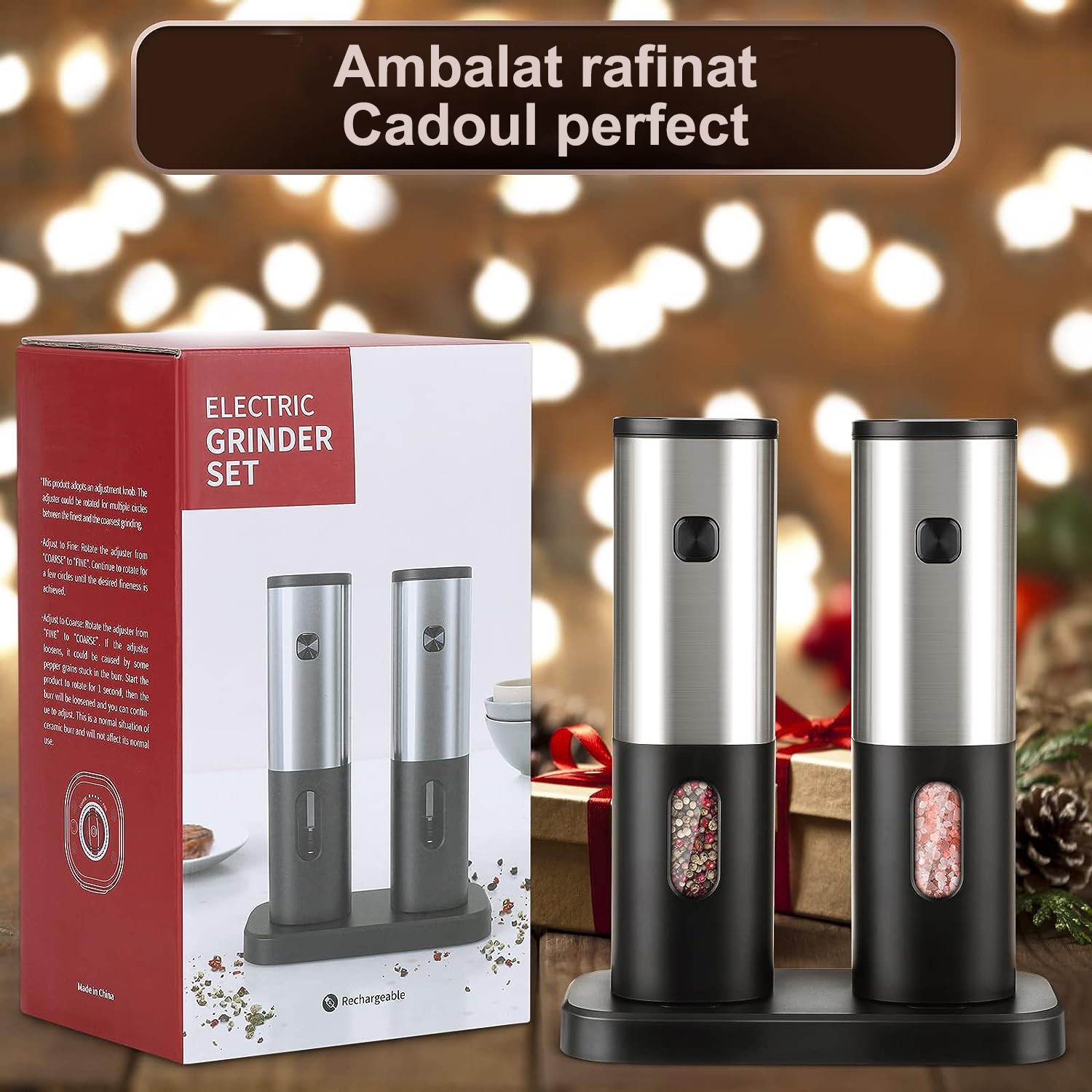 Set 2 rasnite electrice pentru sare si piper, Simply Joy, Reincarcabile, Cablu USB, lumina LED ...
