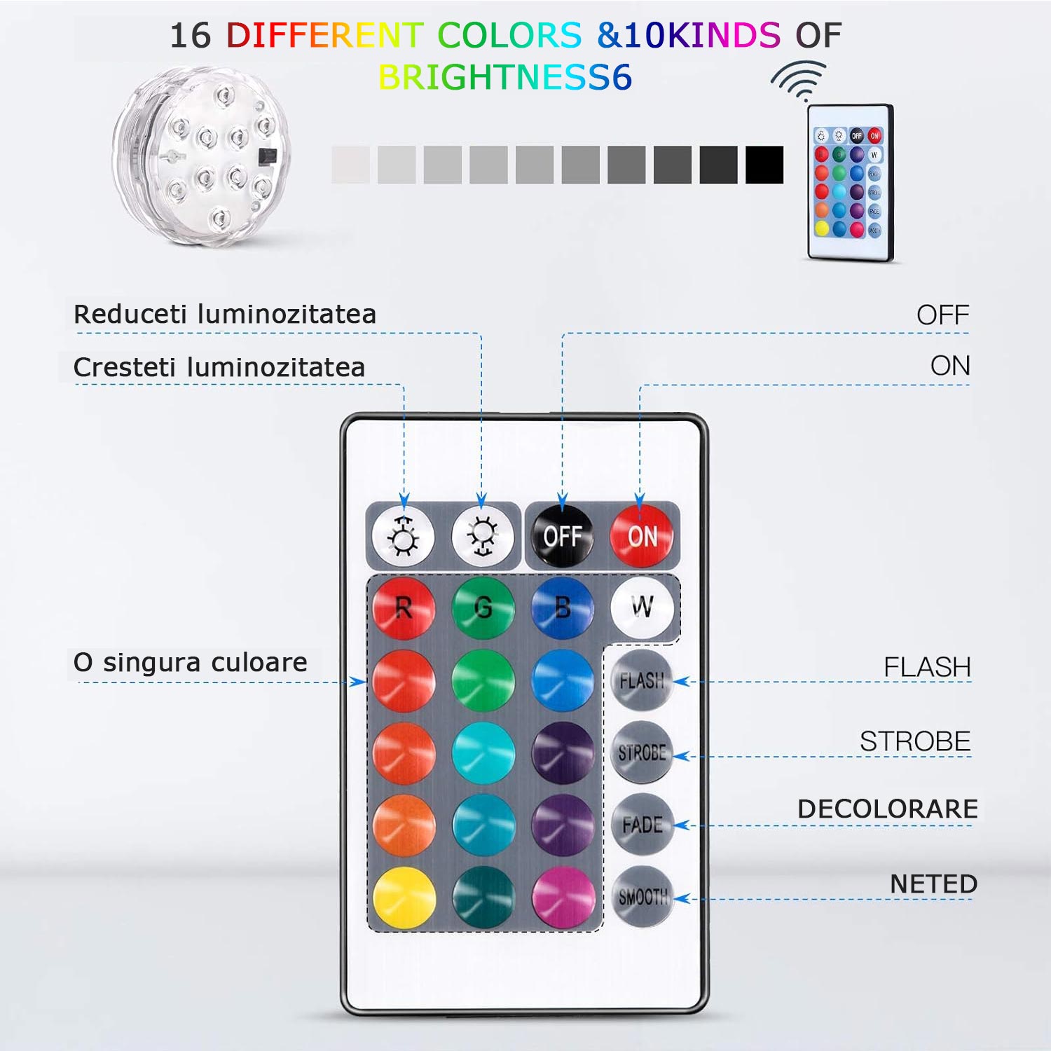 Set 2 lumini LED, Plastic, IP68, Cu telecomanda, 16RGB, 10 led-uri, Alb ...