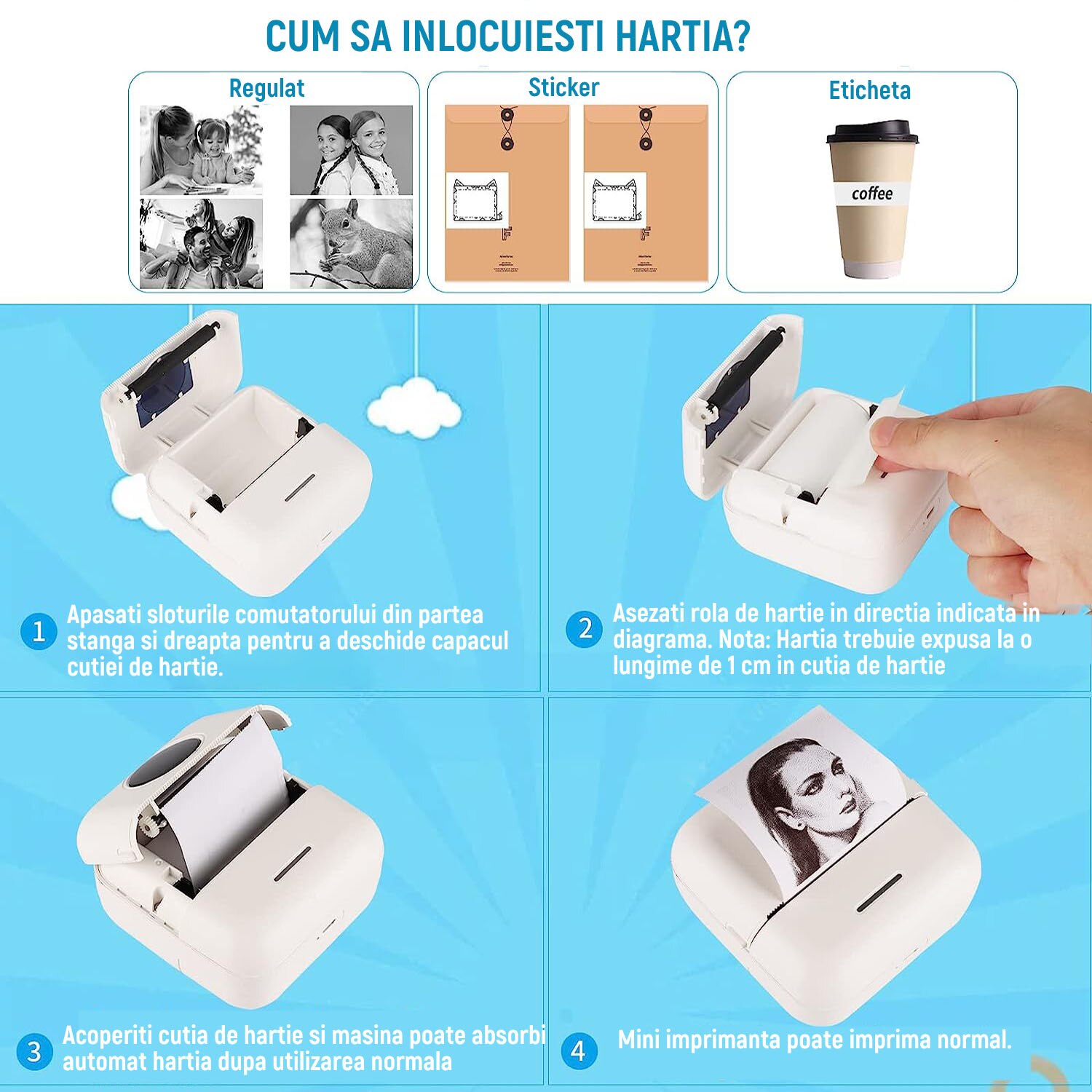 Set Mini imprimanta termica si 5 role hartie 57x25mm, Vaxiuja, 10 buc ...