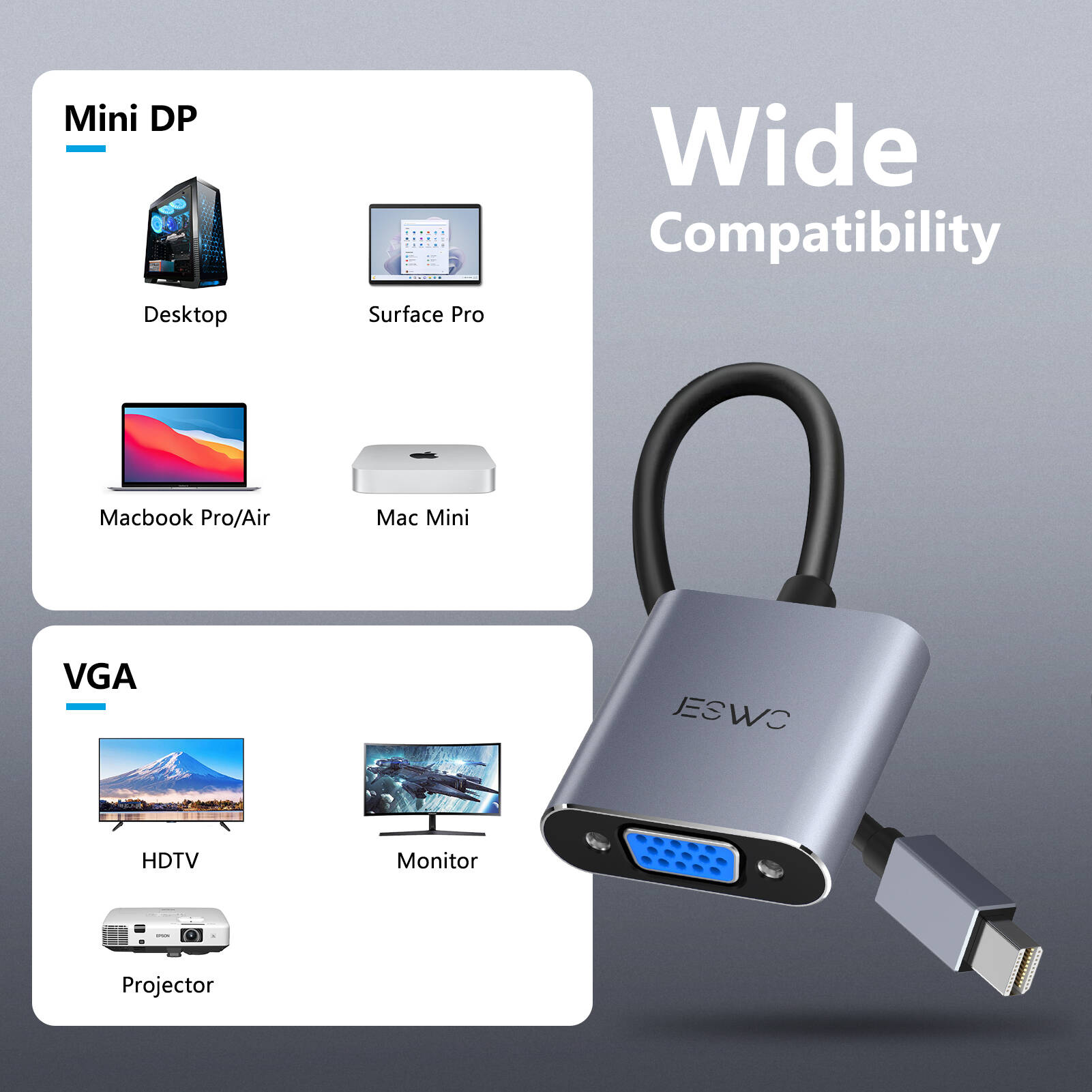 Адаптер за монитор, JESWO, Mini DisplayPort/VGA, 1080P, сребрист - eMAG.bg