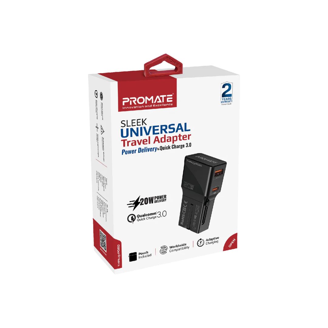 Promate TriPlug-PD20 Sleek Universal Travel Adapter w/ 20W Power ...