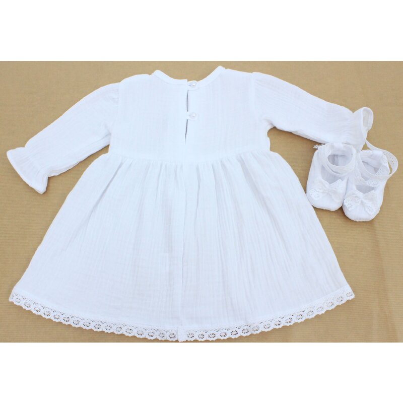 Set rochie maneca lunga si papucei, muselina, Iris, alb 52-62 CM - eMAG.ro