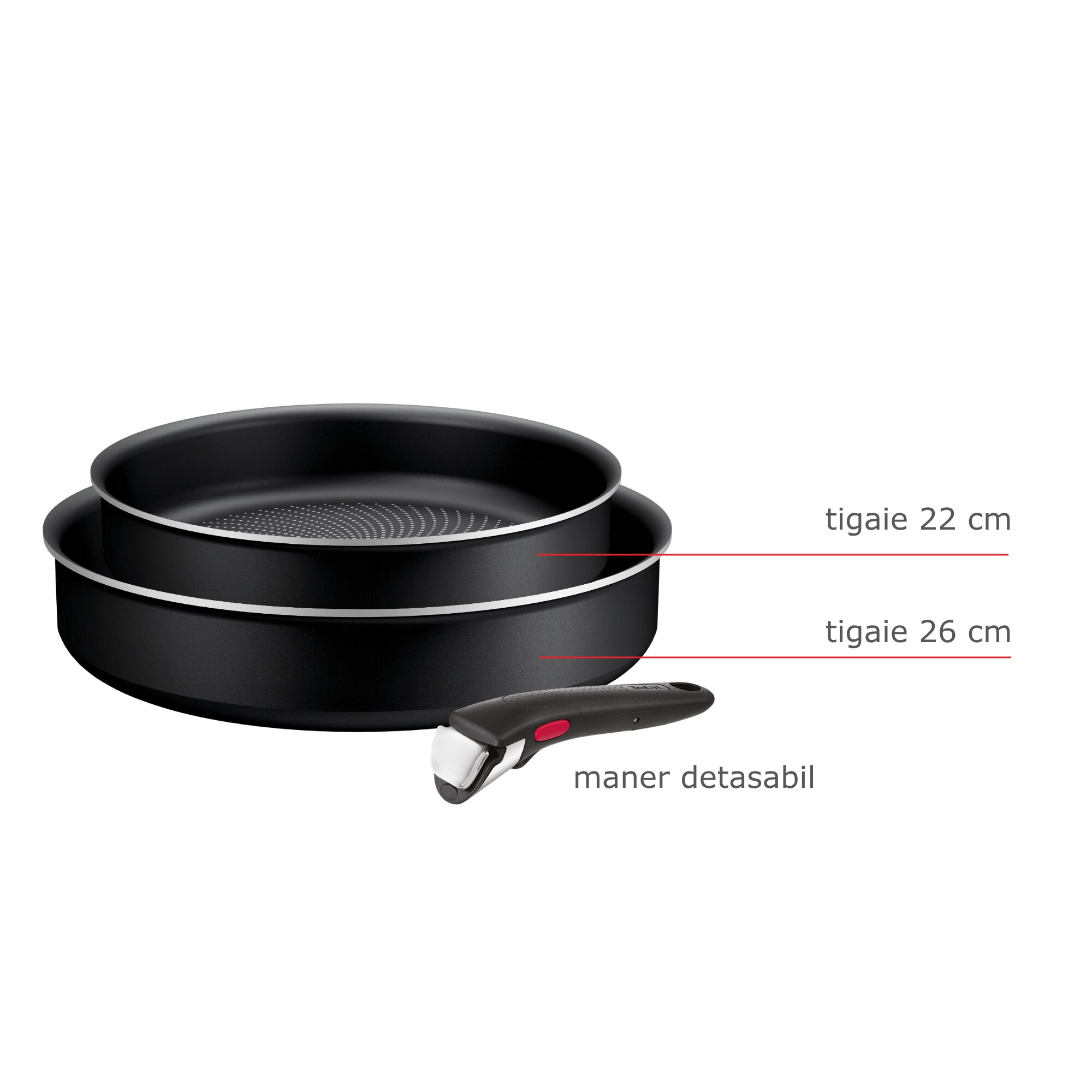 Set de 3 piese Ingenio Generous Cook, tigaie de 22/26 cm, maner detasabil, indicator Thermo ...