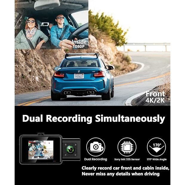 Camera auto Dash Cam Pro cu rezolutie 4K HD, 30 FPS, display 2 inch, inregistrare tripla fata ...