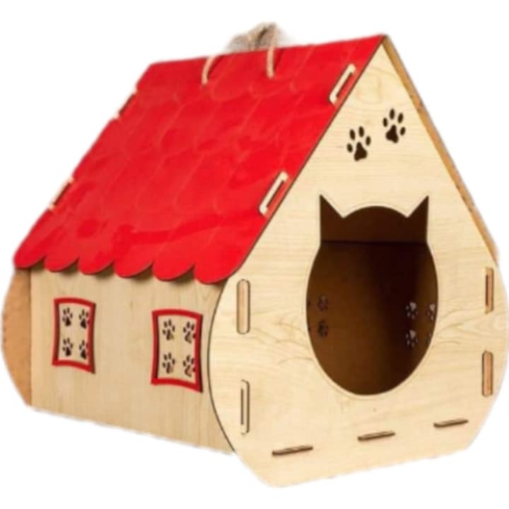 Casuta pentru pisici, 40X40X35 cm, MDF, Rosu-Crem - eMAG.ro