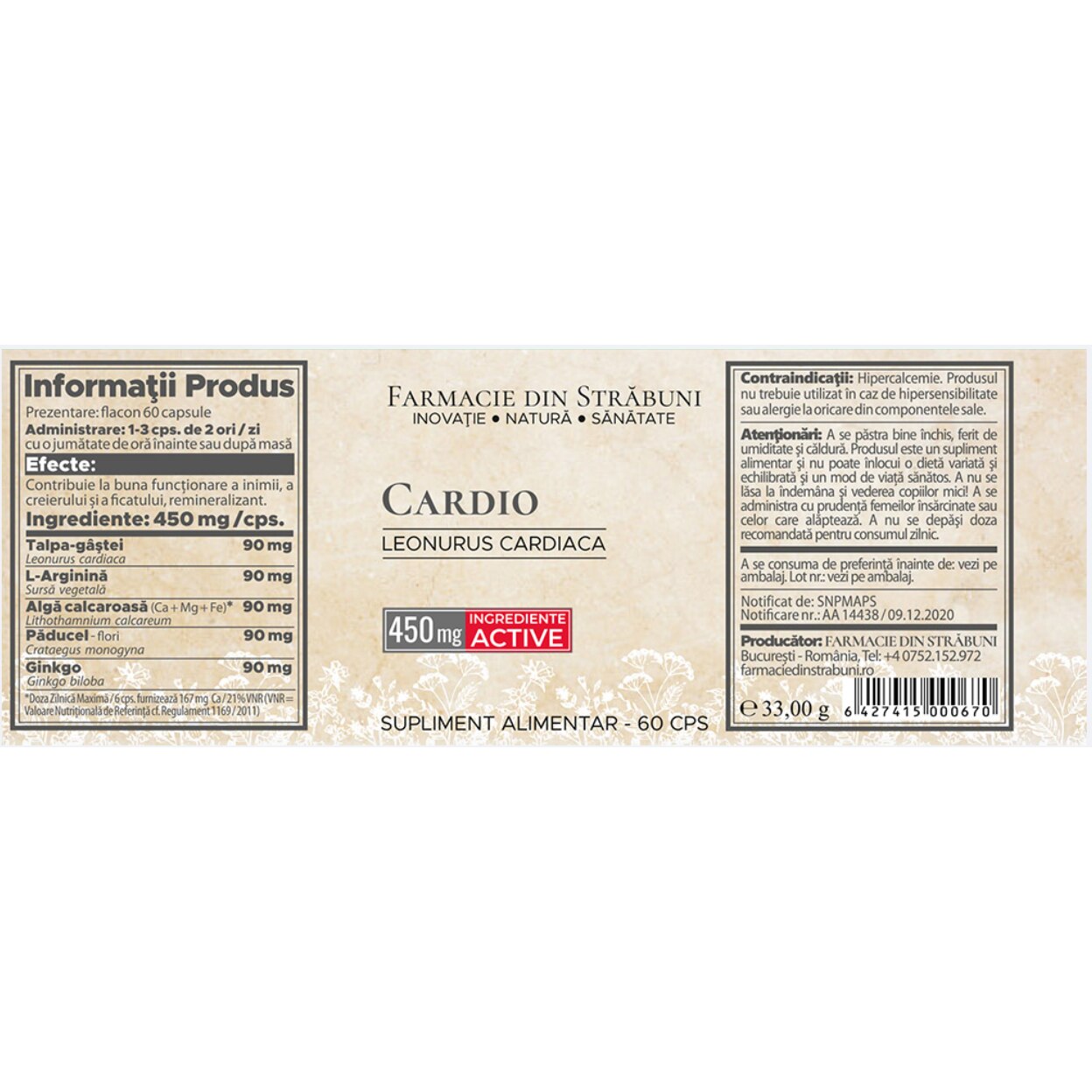 Supliment natural Cardio 60 cps, 450 mg, Farmacie Din Strabuni - eMAG.ro