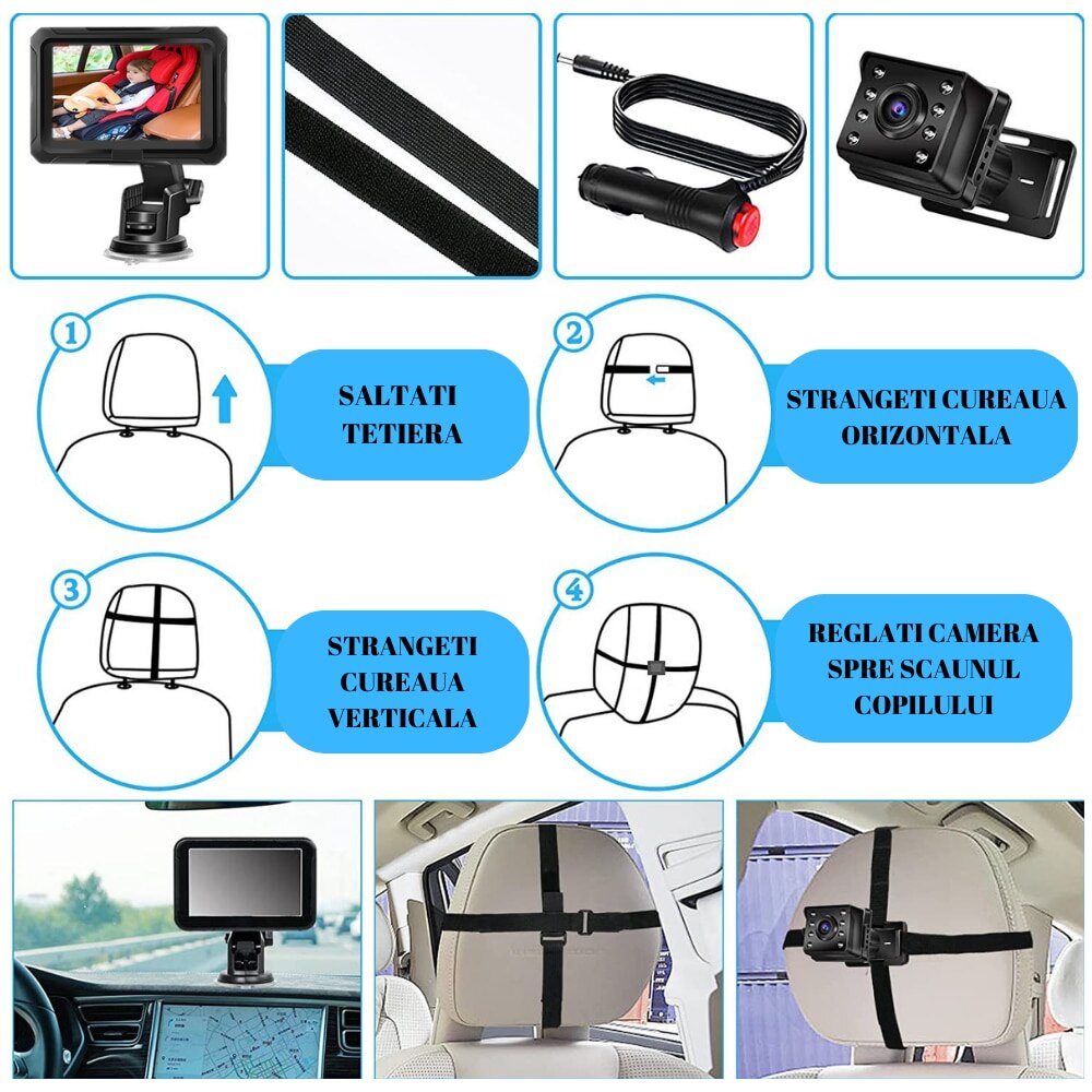 Camera auto Full HD de monitorizare a bebelusilor pe scaunul din spate ...