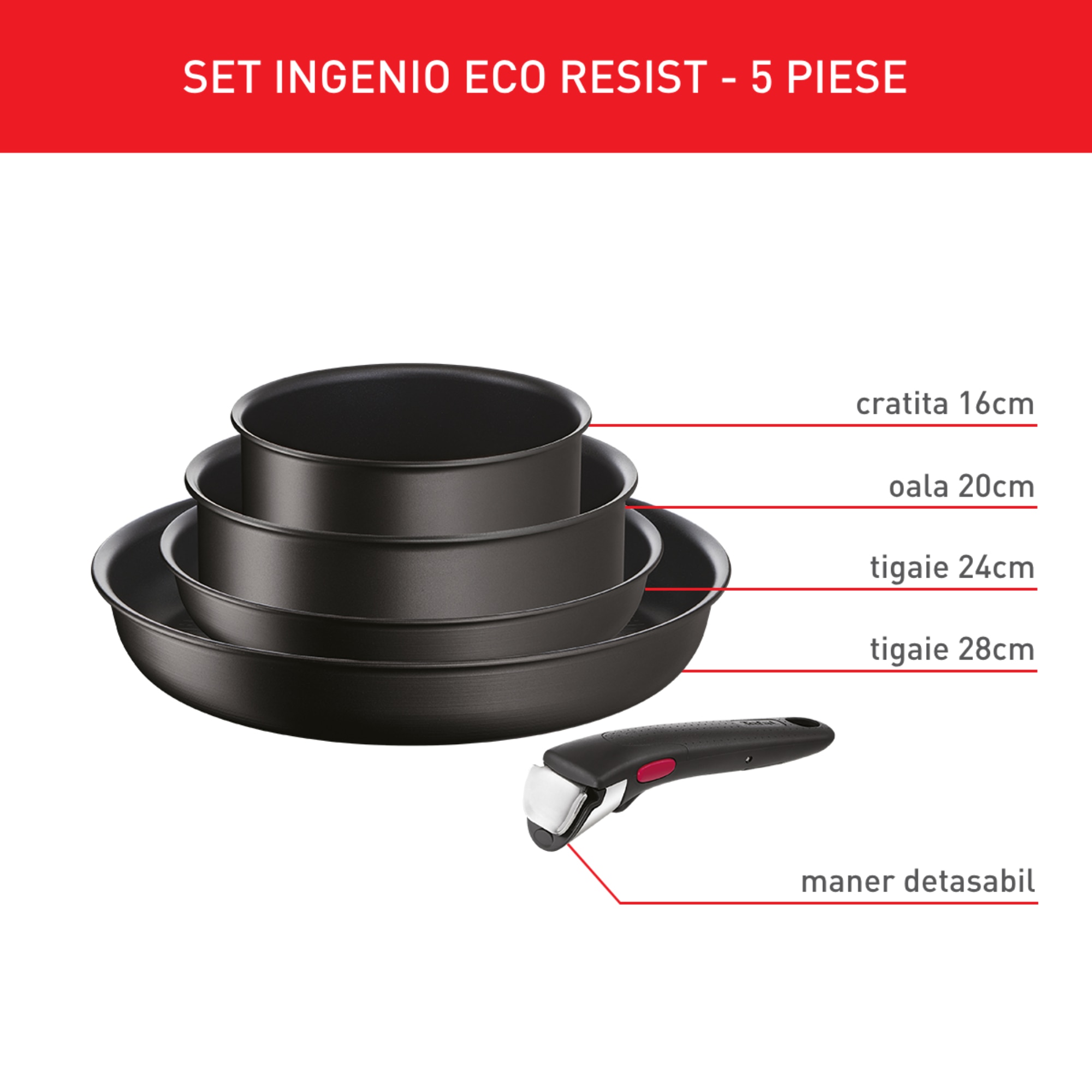 Set 5 piese Tefal Ingenio Eco Resist, cratita 16 cm, oala 20 cm, tigaie 24 / 28 cm, maner ...