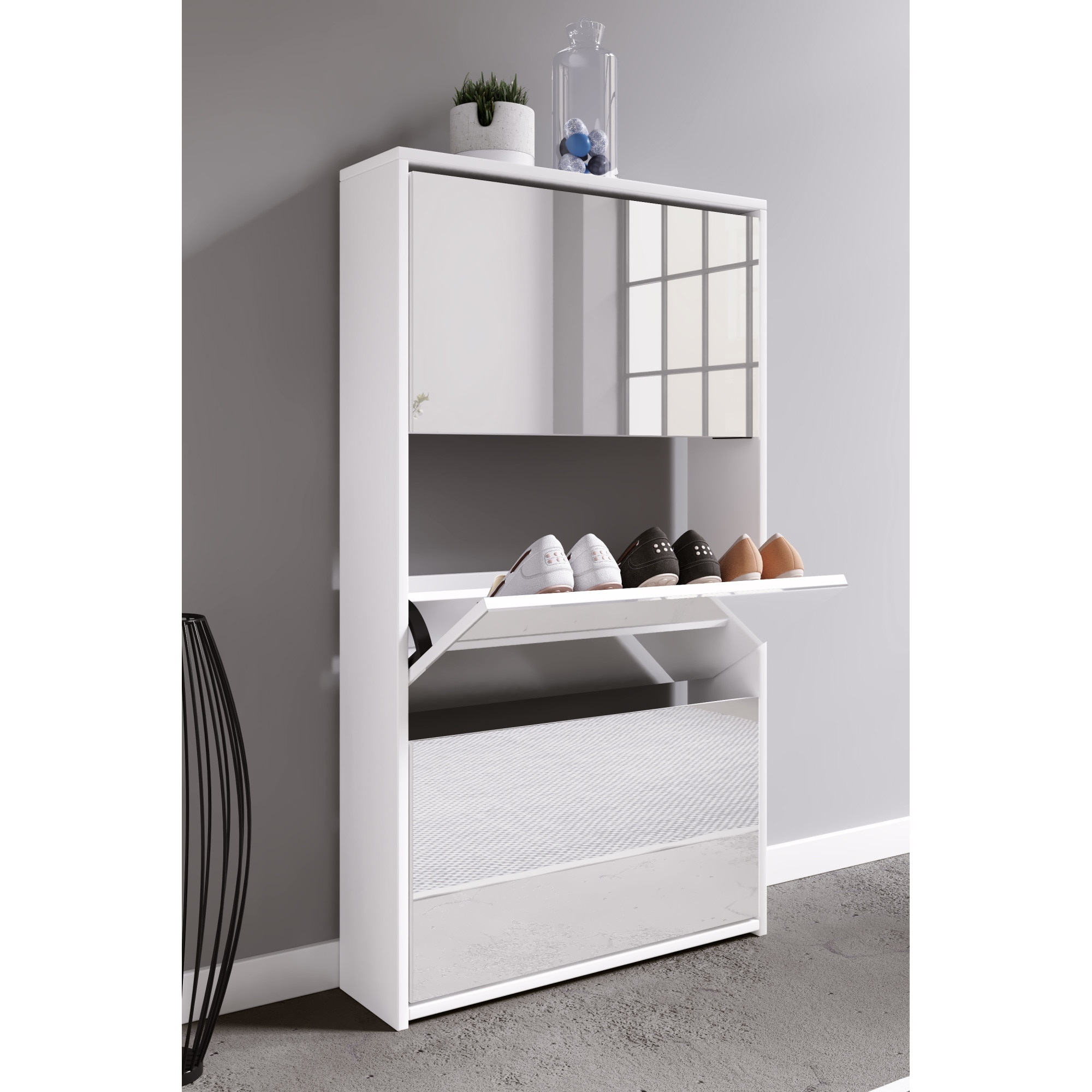 Pantofar 3 rafturi Stido XL, cu oglinda frontala, MDF laminat, H. 112 x ...