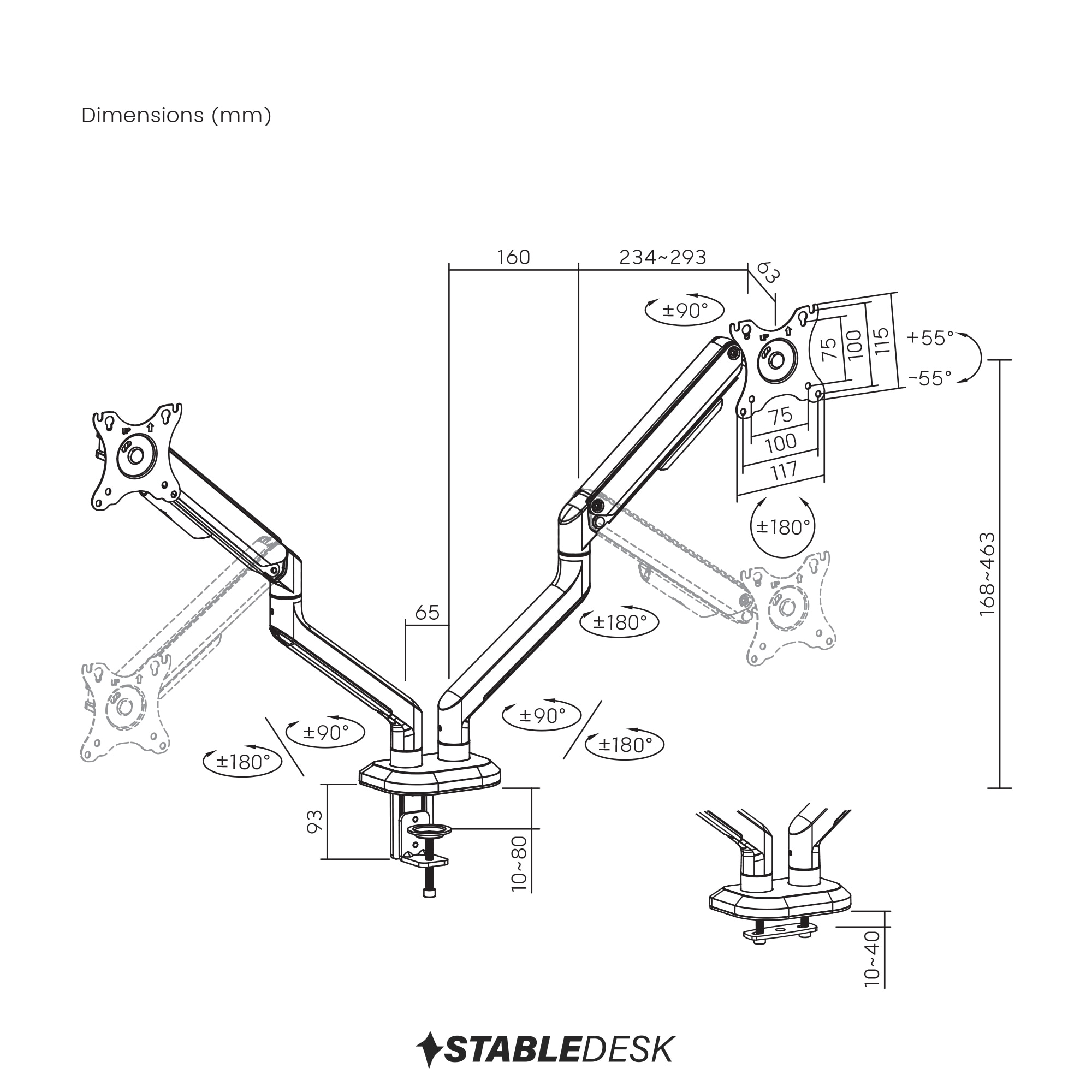 Suport 2 monitoare 17-32" inch, Brat dublu Reglabil Asistat StableDesk ...