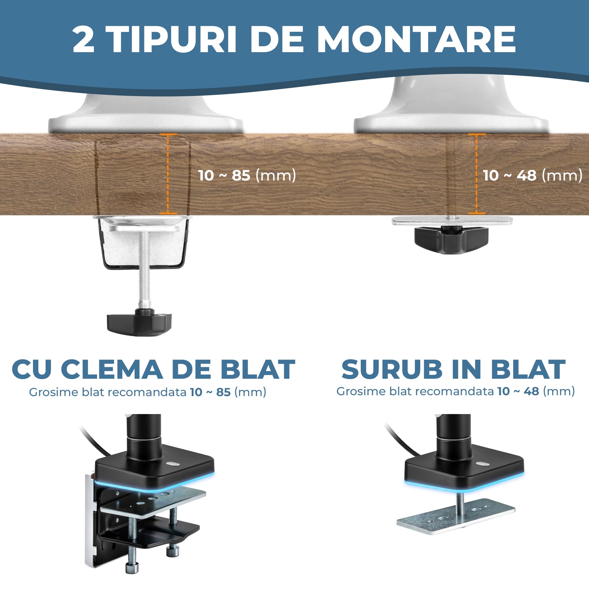 Suport monitor Gaming 17-49” inch, Iluminare RGB, Brat Reglabil Asistat ...
