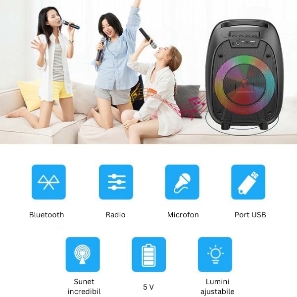 Boxa portabila cu microfon inclus, Lumini LED Colorate, Conexiune ...