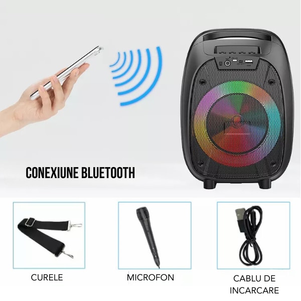 Boxa portabila cu microfon inclus, Lumini LED Colorate, Conexiune ...