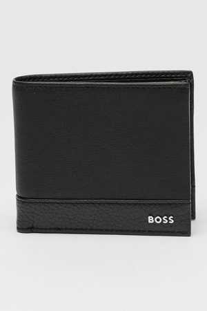 BOSS, Portofel pliabil de piele cu logo discret, Negru - eMAG.ro