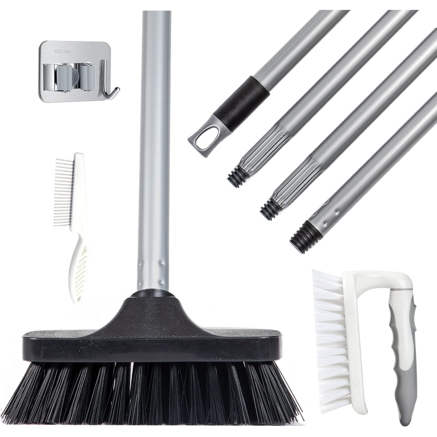 Set 2 maturi podea, cu perie tare, maner gri ajustabil, suport pentru ...