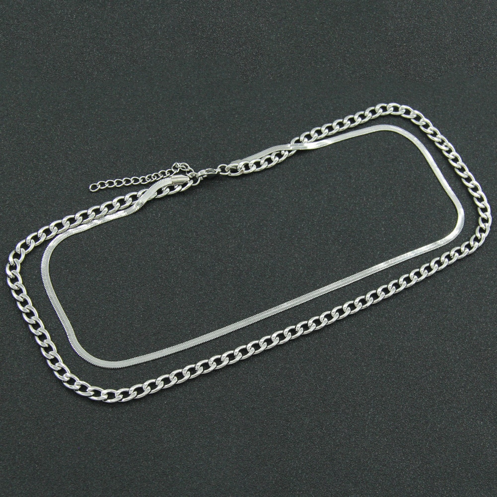 Lantisor dublu casual, model Snake si Cuban Chain din otel inoxidabil ...