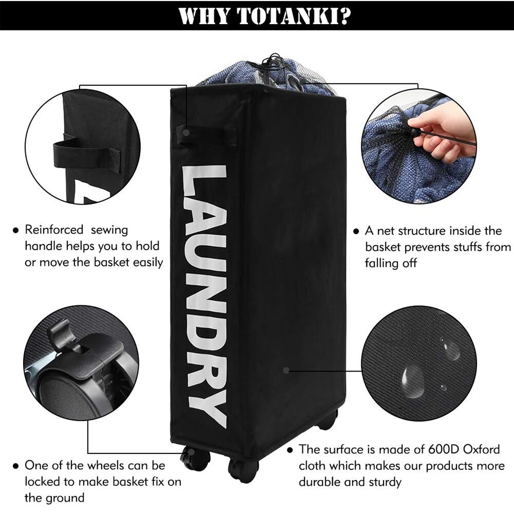 Cos pentru rufe cu roti, GOGOU®, Textil, 42l, 57x39x19 cm, Negru - eMAG.ro