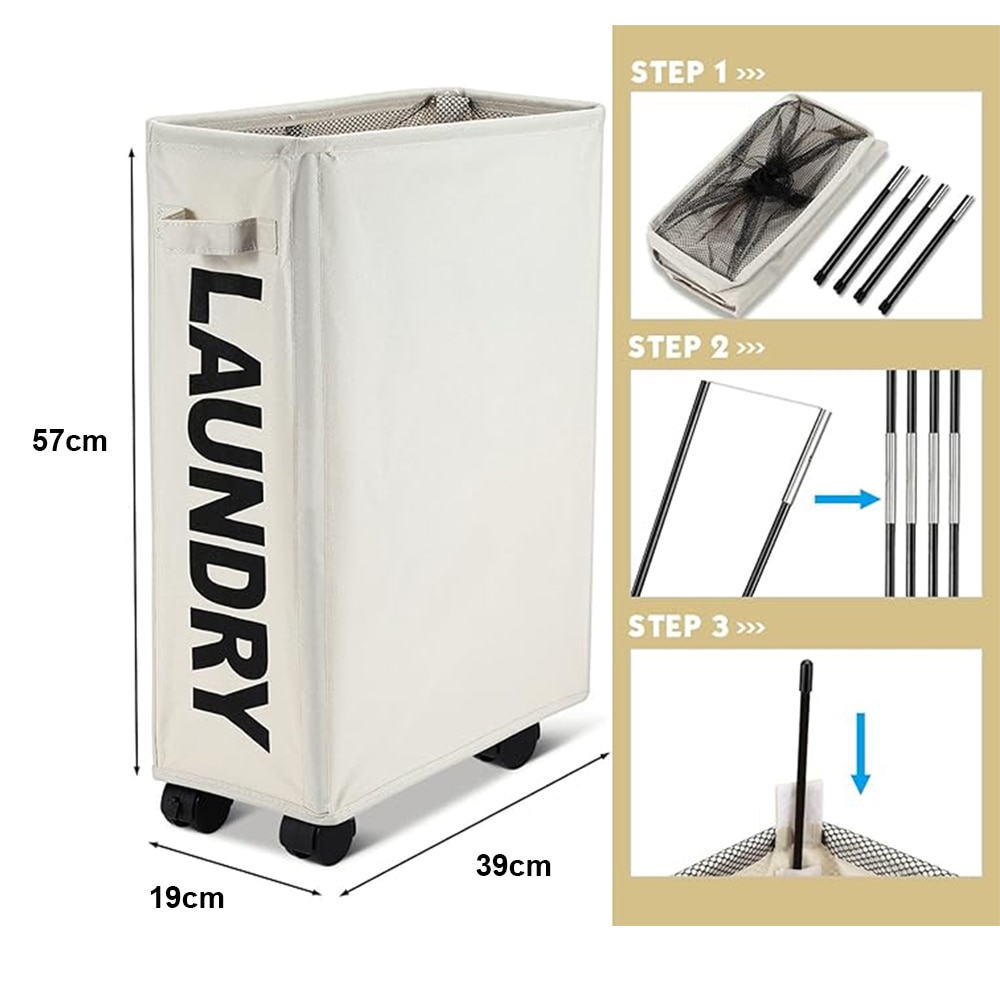 Cos pentru rufe cu roti, GOGOU®, Textil, 42l, 57x39x19 cm, Bej - eMAG.ro