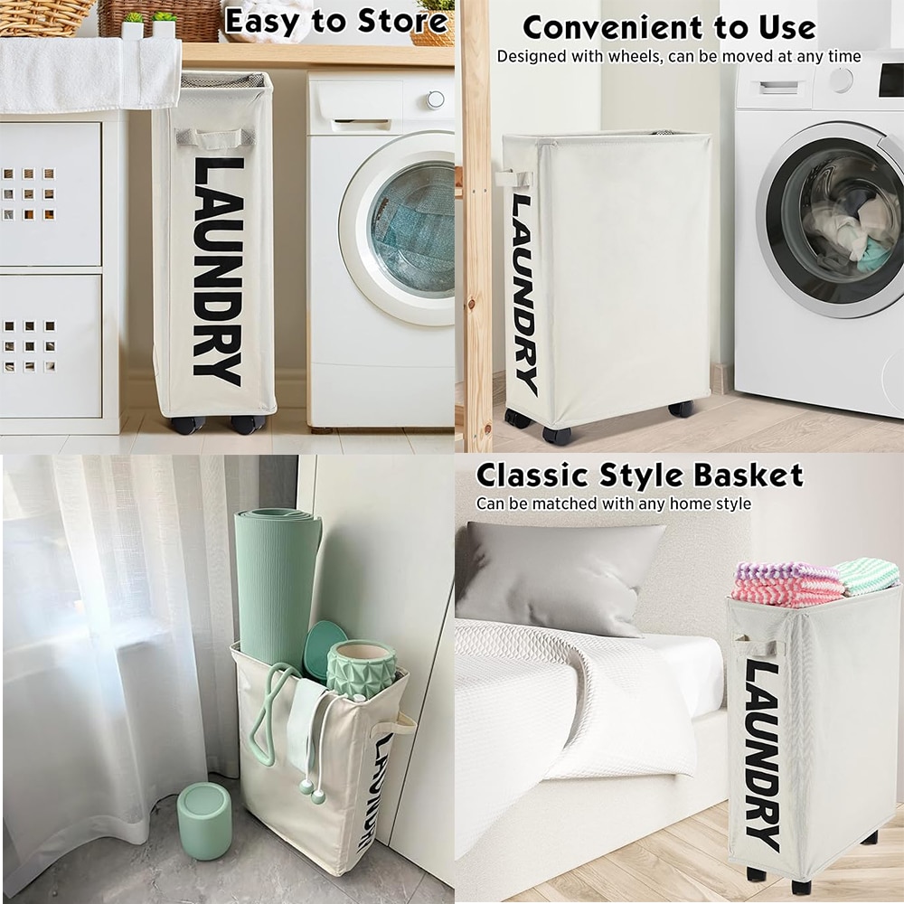 Cos pentru rufe cu roti, GOGOU®, Textil, 42l, 57x39x19 cm, Bej - eMAG.ro