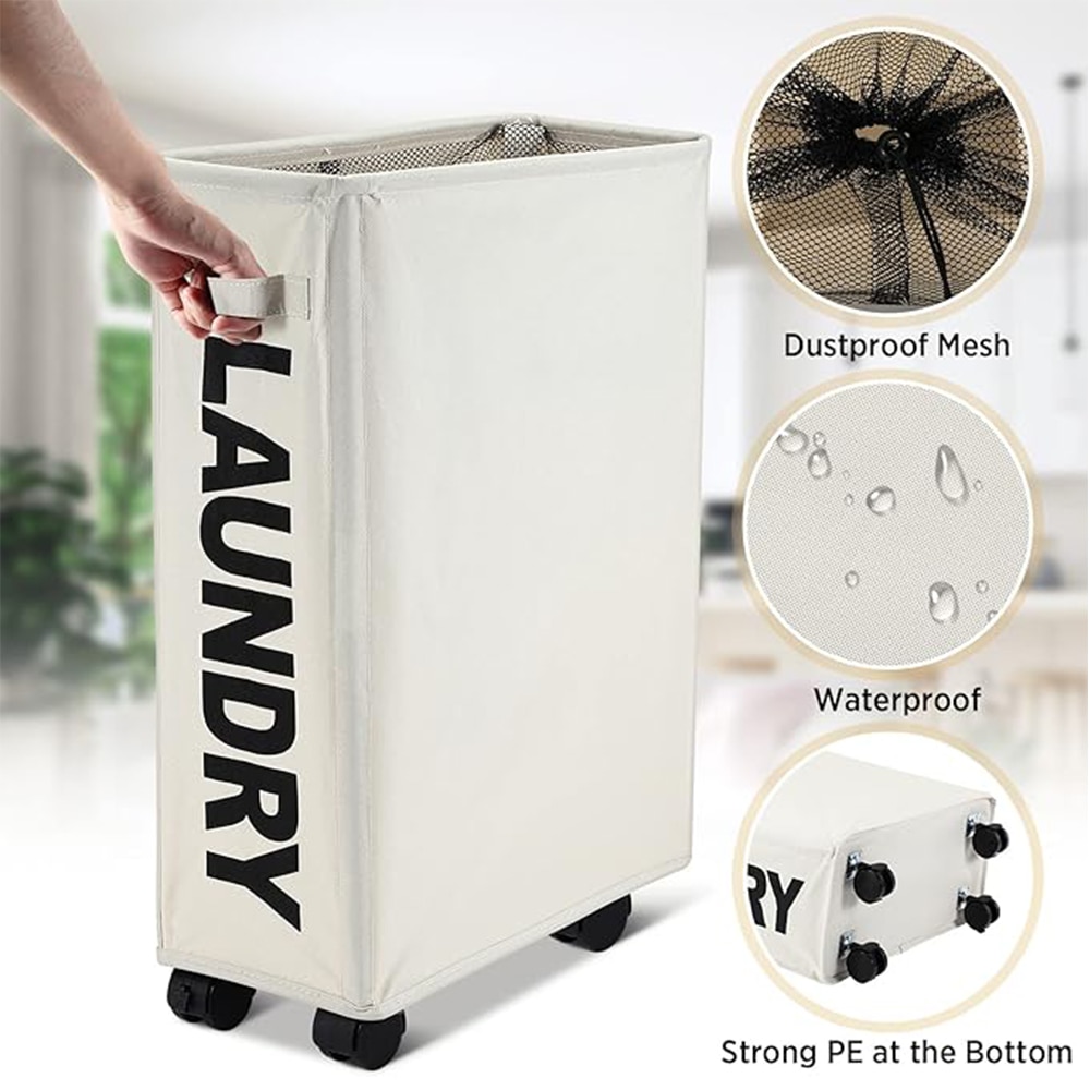 Cos pentru rufe cu roti, GOGOU®, Textil, 42l, 57x39x19 cm, Bej - eMAG.ro