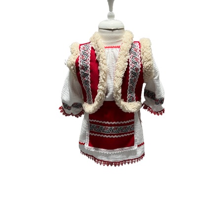 Costum popular fetite cu cojoc, broderie alb/rosu, 4 piese,1-3 luni, 56 ...