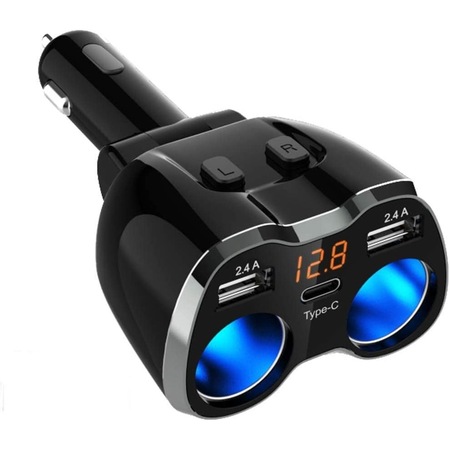 Multiplicator auto 5 in 1, 2 USB de incarcare, un USB-C, 2 prize 80W cu ...