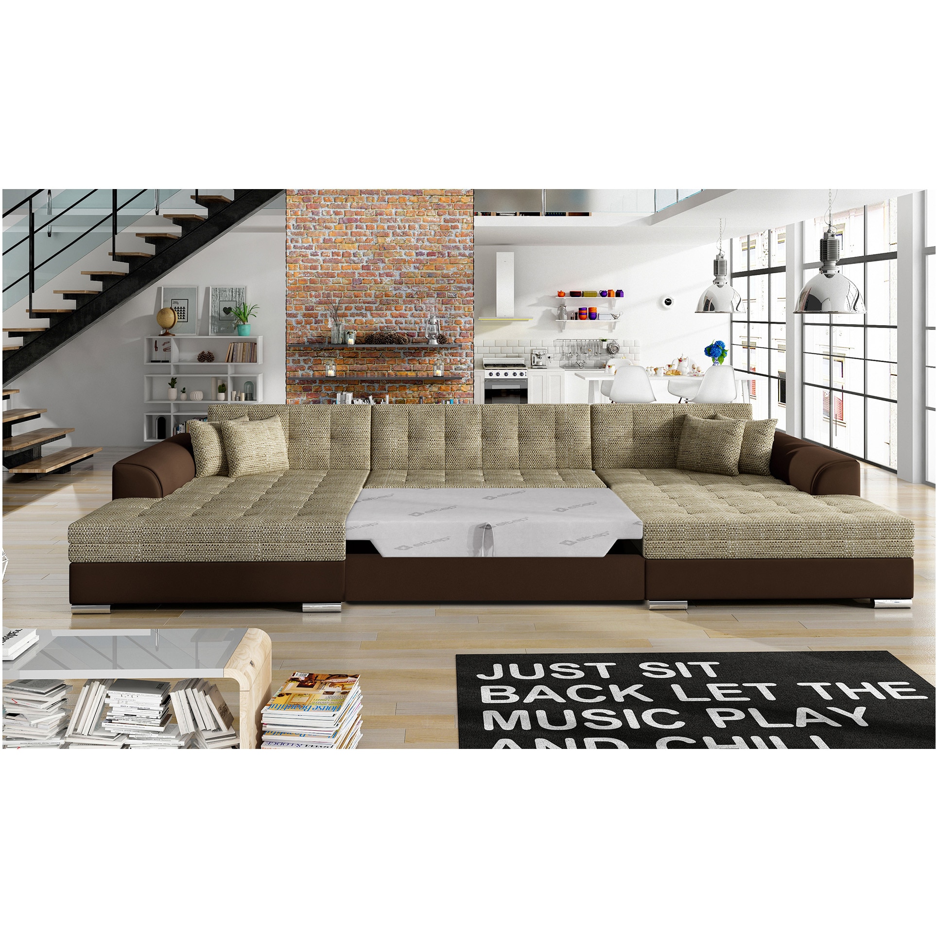 Canapea/Coltar extensibila ELTAP Vento 5 locuri, stanga, bej maro ...