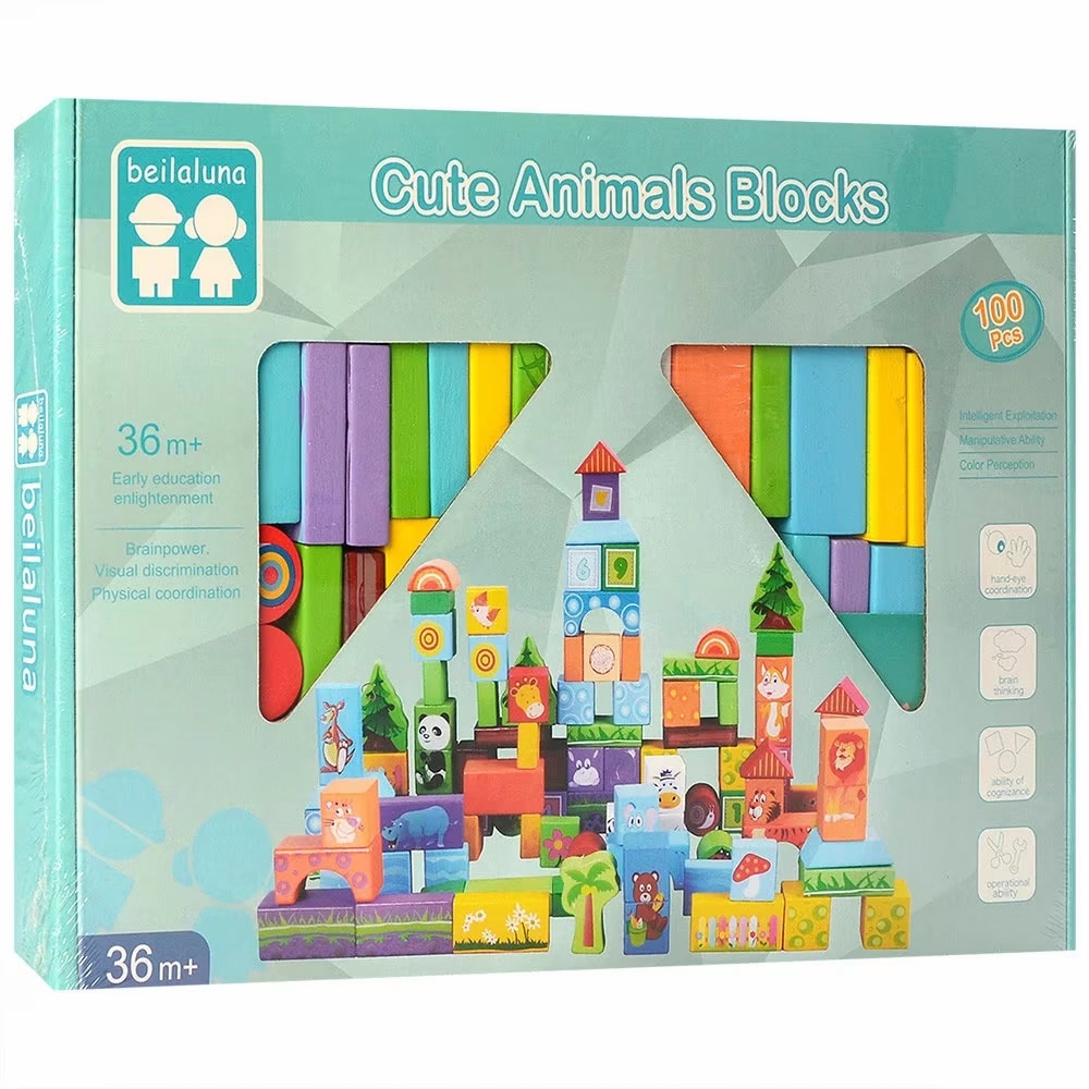 Set Cuburi Din Lemn Cute Animals Blocks, 100 piese, Beilaluna - eMAG.ro