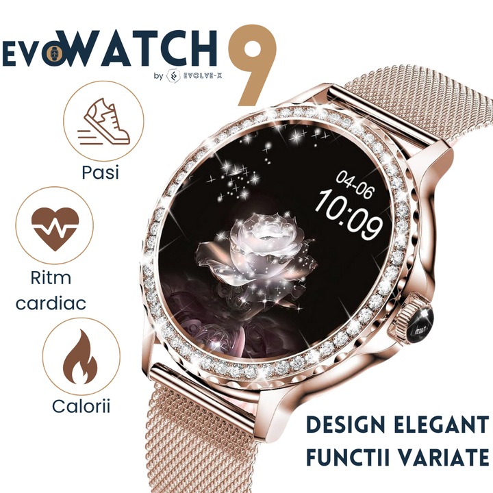 Ceas smartwatch dama Evolve-x® EvoWatch9, Apeluri si mesaje bluetooth ...