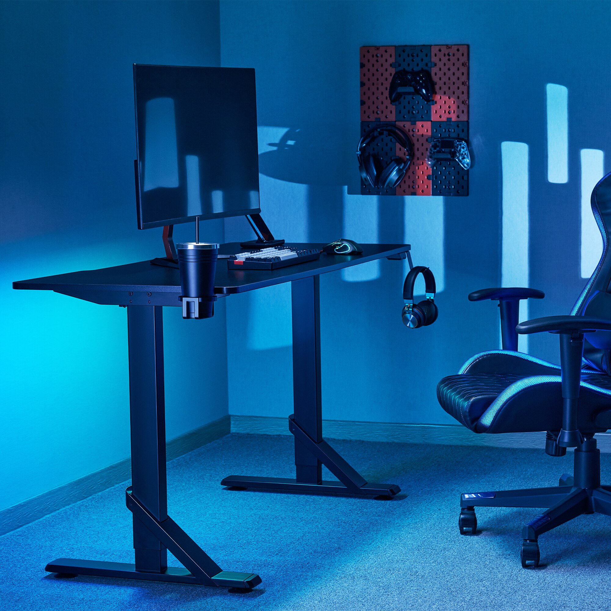 Birou Gaming StableDesk Arena RGB, Iluminare LED, Suport pahar, Suport ...