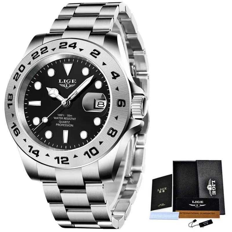 Мъжки часовник Lige Quartz Analog Business Elegant Casual Silver/Black ...