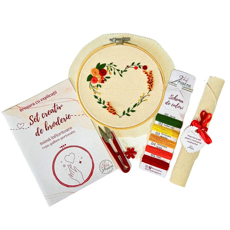Set broderie cu instructiuni, gherghef 16 cm, ace, fire bumbac ...