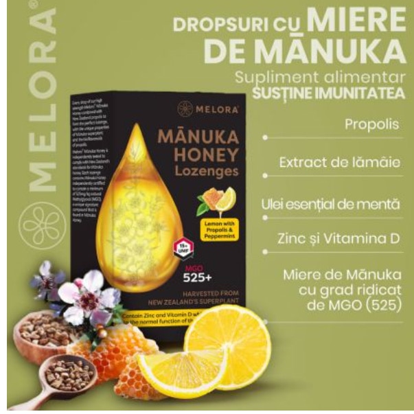 Dropsuri miere de Manuka MGO 525+ (UMF 15+) Melora - lamaie si propolis ...