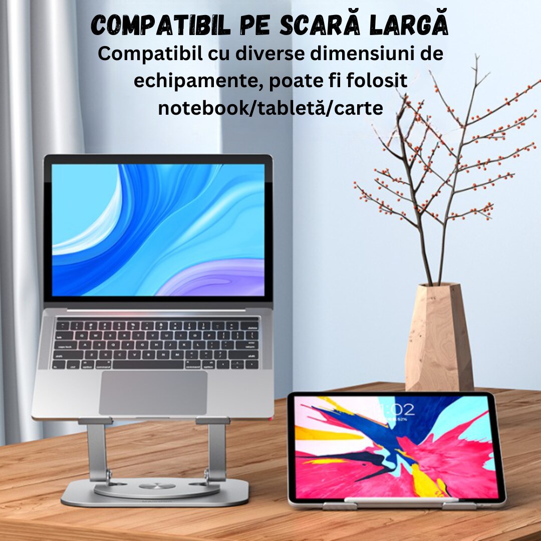 Suport pentru laptop, Reglabil, Rotire 360, Pliabil, Ergonomic, Aliaj ...
