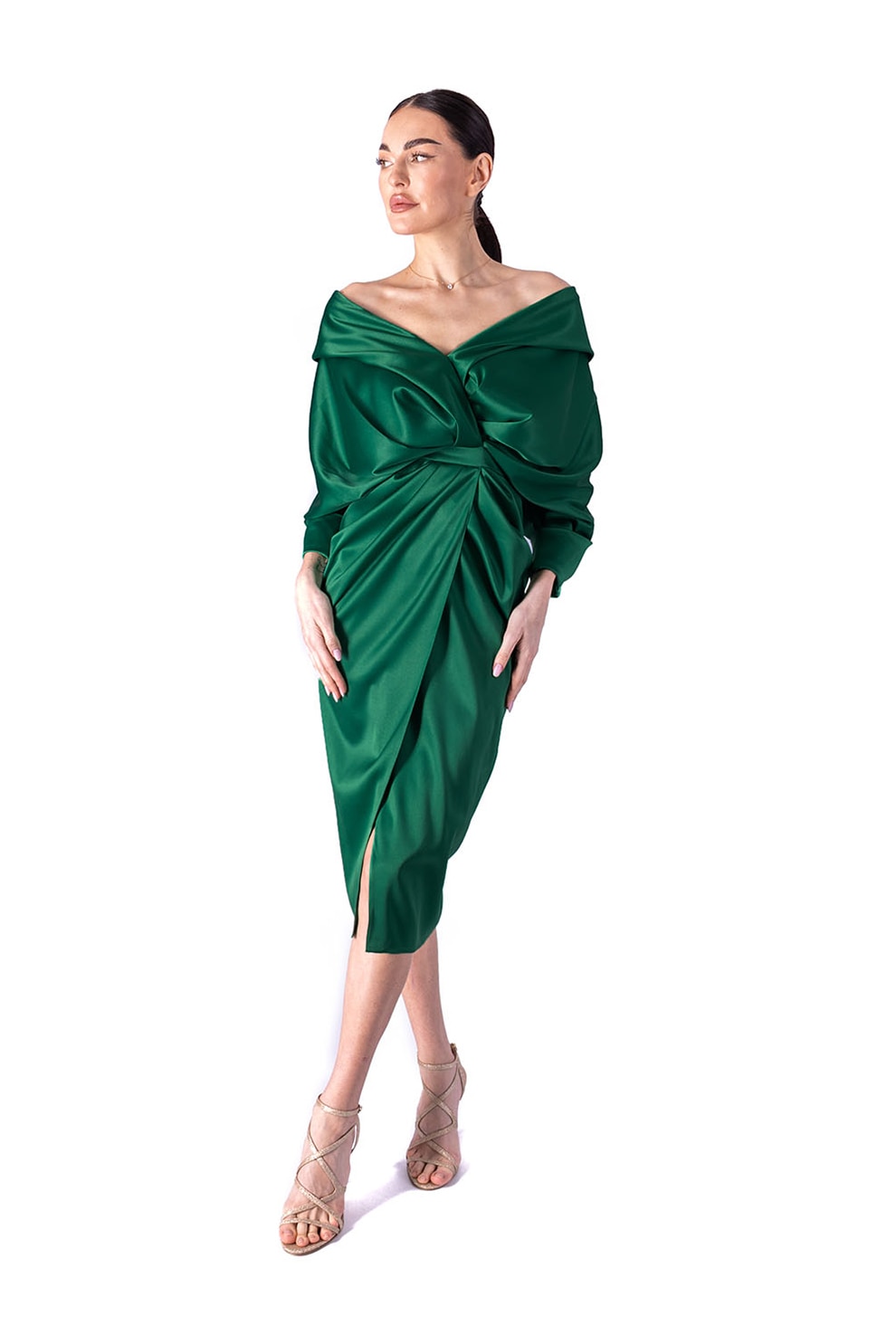 Acob à porter, Rochie midi cu model drapat, Verde inchis, S - eMAG.ro