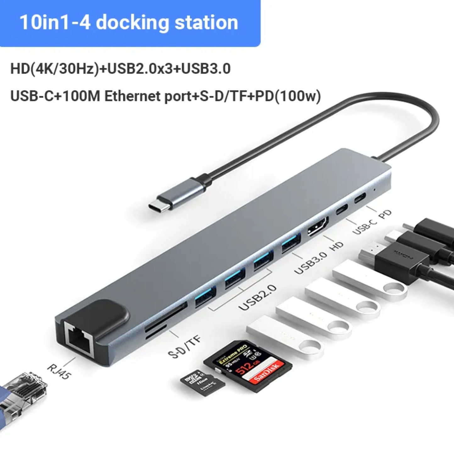Адаптер за многопортов хъб 10 в 1, USB Type-C към HDMI 4K / 30Hz, PD ...