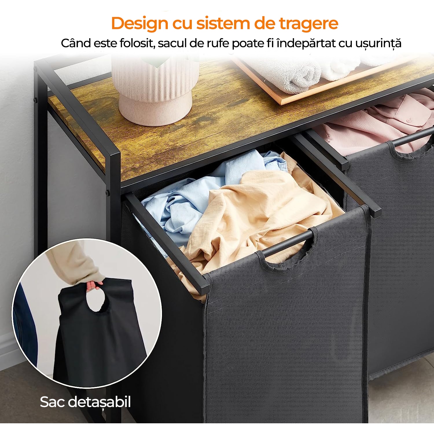 Cos de rufe dublu cu sertar, volum 95L, raft superior, saculete ...