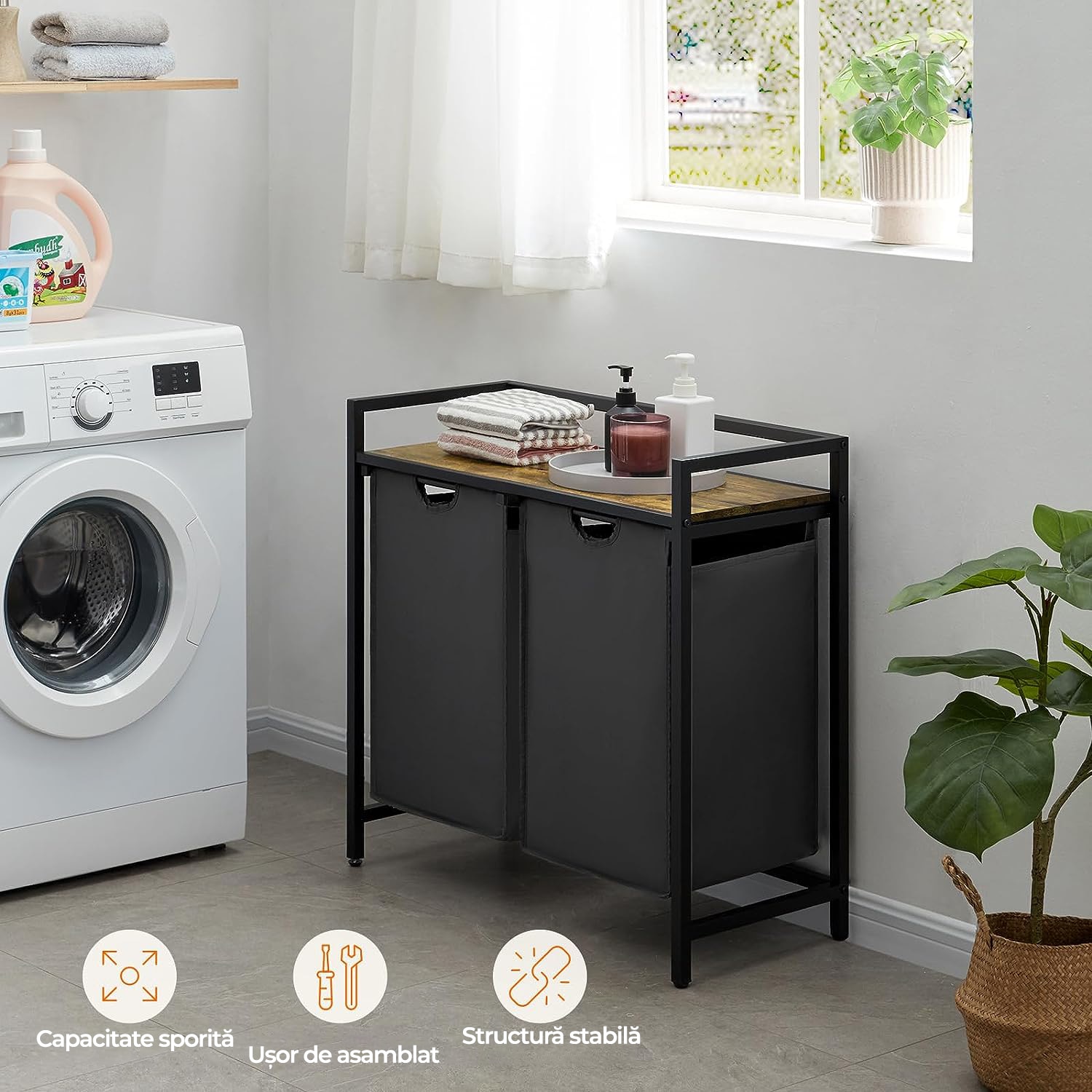 Cos de rufe dublu cu sertar, volum 95L, raft superior, saculete ...