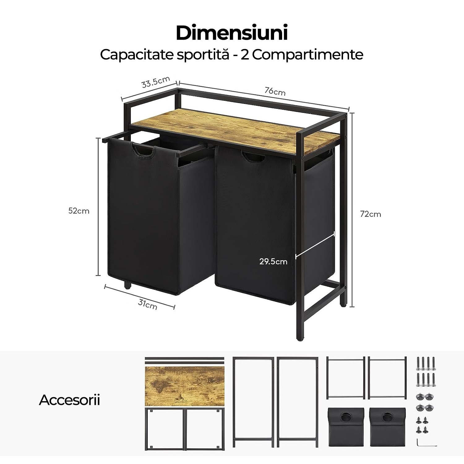 Cos de rufe dublu cu sertar, volum 95L, raft superior, saculete ...