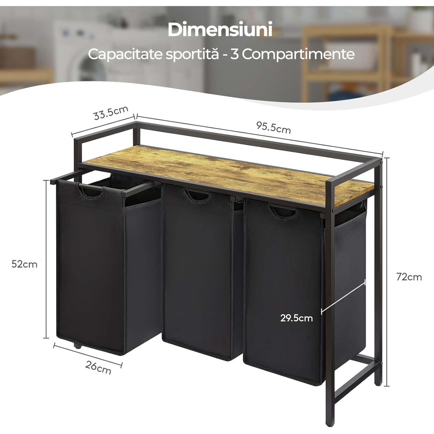 Cos de rufe triplu cu sertar, volum 120L, Raft Superior, saculete ...