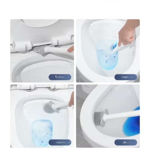 Четка за тоалетна със силиконови влакна ергономична дръжка противоплъзгаща повърхност бяло