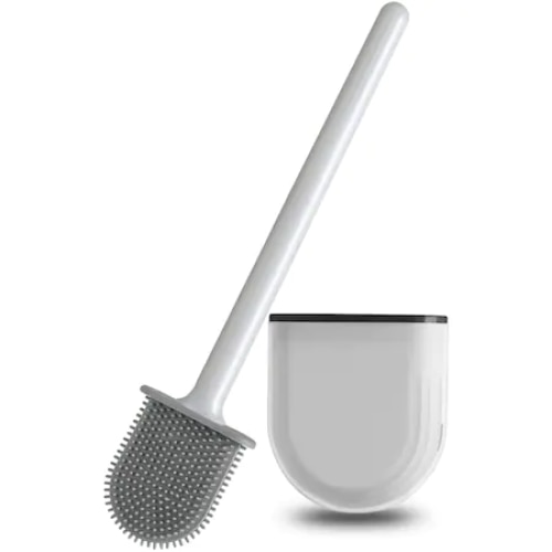Четка за тоалетна със силиконови влакна ергономична дръжка противоплъзгаща повърхност бяло