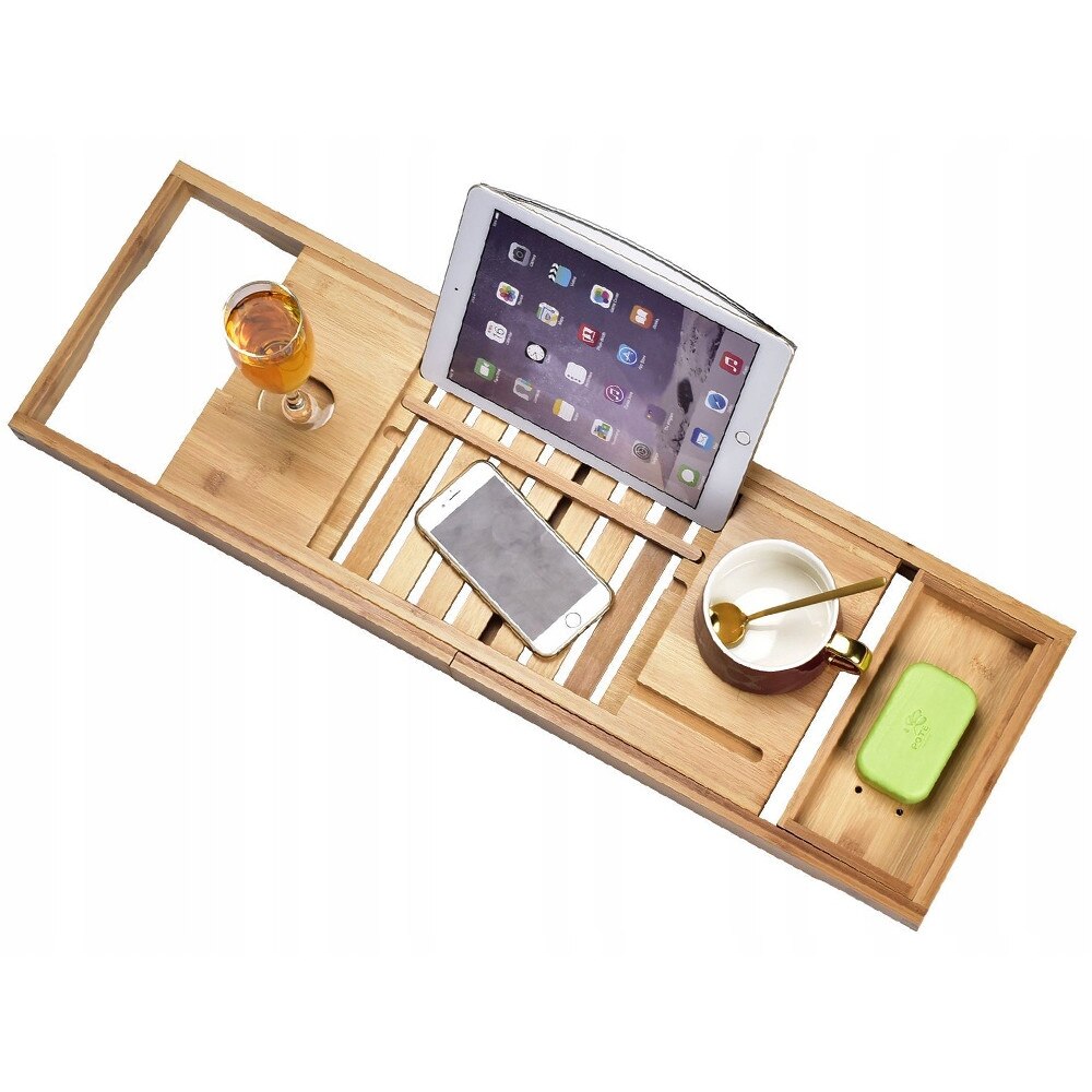 Masuta din bambus pentru cada, Zola®, suport metalic pentru tableta ...