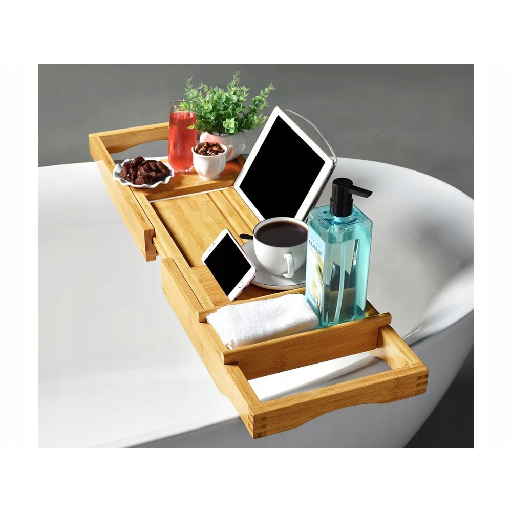 Masuta din bambus pentru cada, Zola®, suport metalic pentru tableta ...