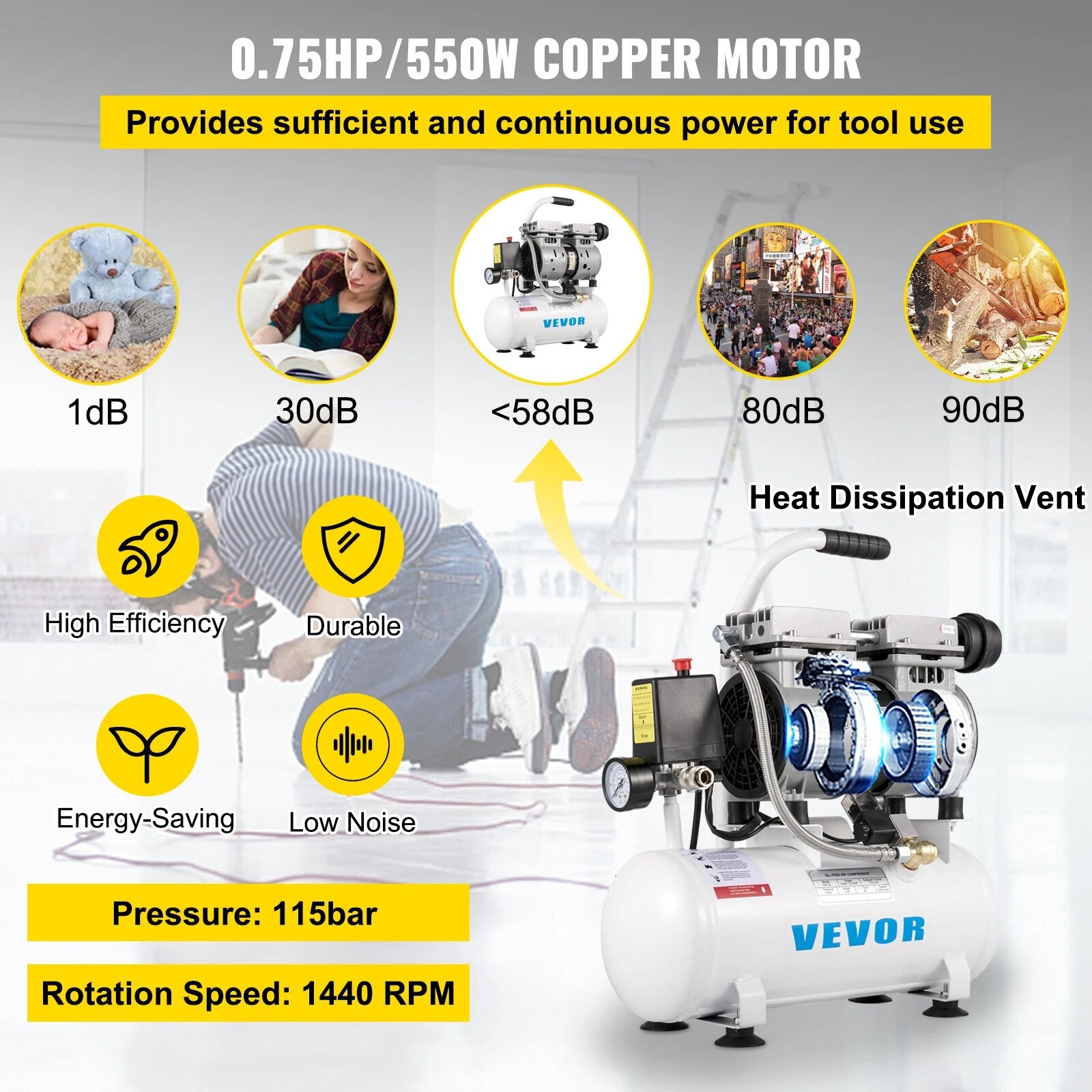 Compresor de aer, Vevor, 9L, 230V, 550W, 1440rpm, 50Hz, fara ulei ...