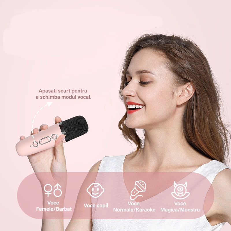 Microfon karaoke copii si adulti cu difuzor portabil, Wireless, 4 ...